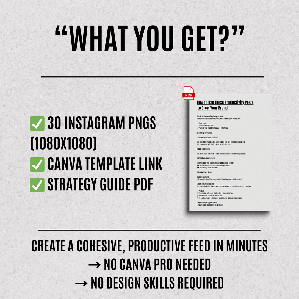 30 Productivity Instagram Posts – Fully Editable in Canva + Bonus Guide