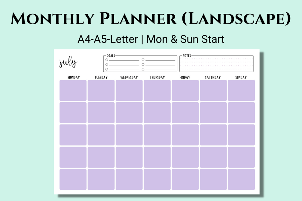 Undated Monthly Printable Planner (Landscape) | Purple
