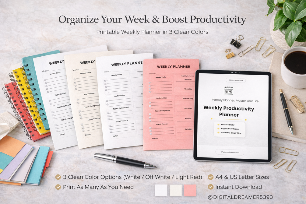Weekly Productivity Planner | Printable PDF (A4 & US Letter, 3 Colors)