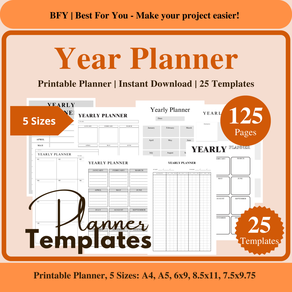 Yearly Planner Printable, Year At a Glance, Annual Overview, Yearly ...