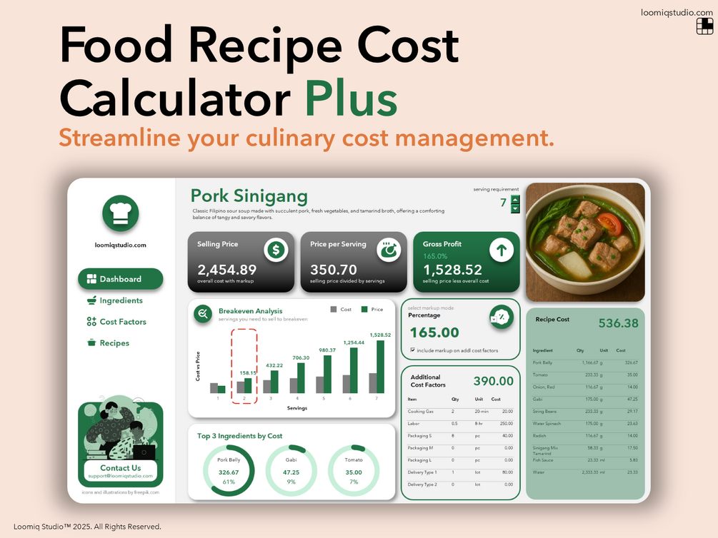 Food Recipe Cost Calculator Plus Excel Template