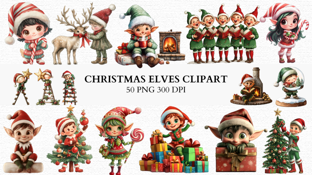 Christmas Elves Clipart Bundle Cute PNG Holiday Illustrations Elf Kids ...