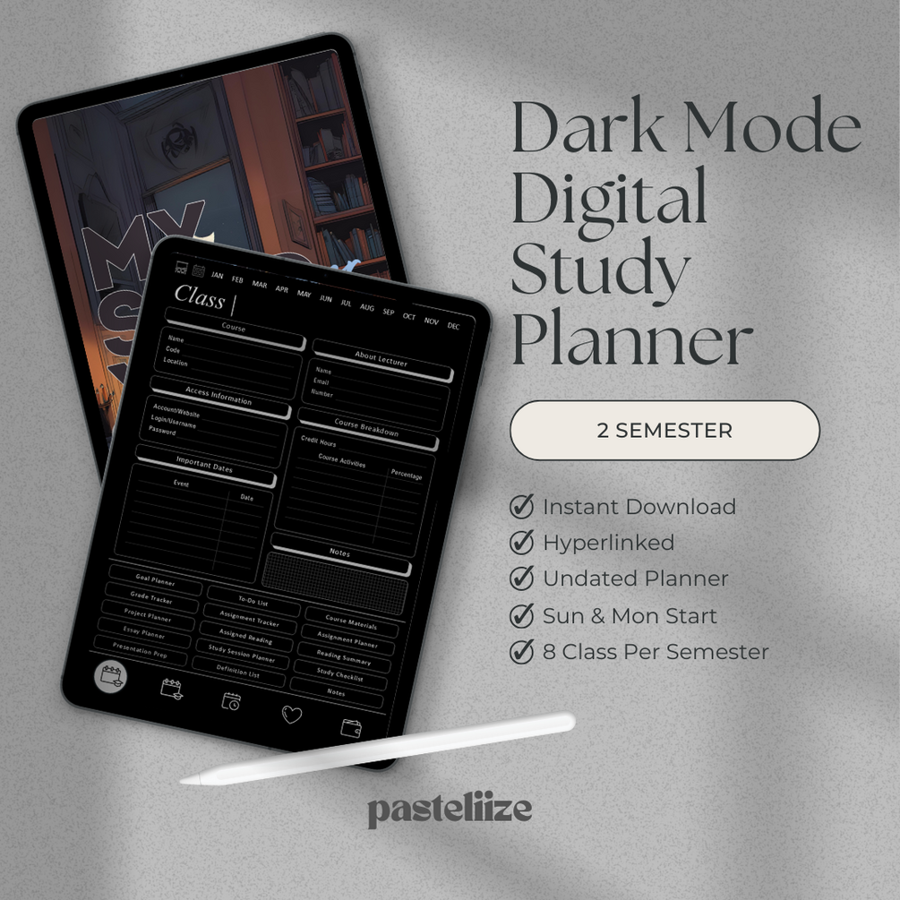 Dark Mode Digital Study Planner PDF | 2 Semesters | Portrait Layout ...