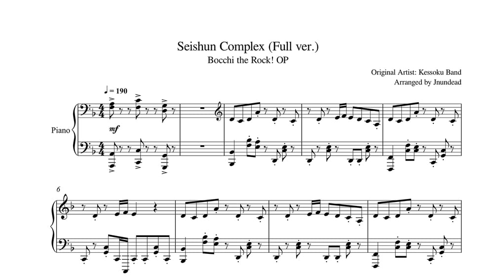 [Bocchi the Rock! OP] Seishun Complex (Full ver.) Piano Arrangement