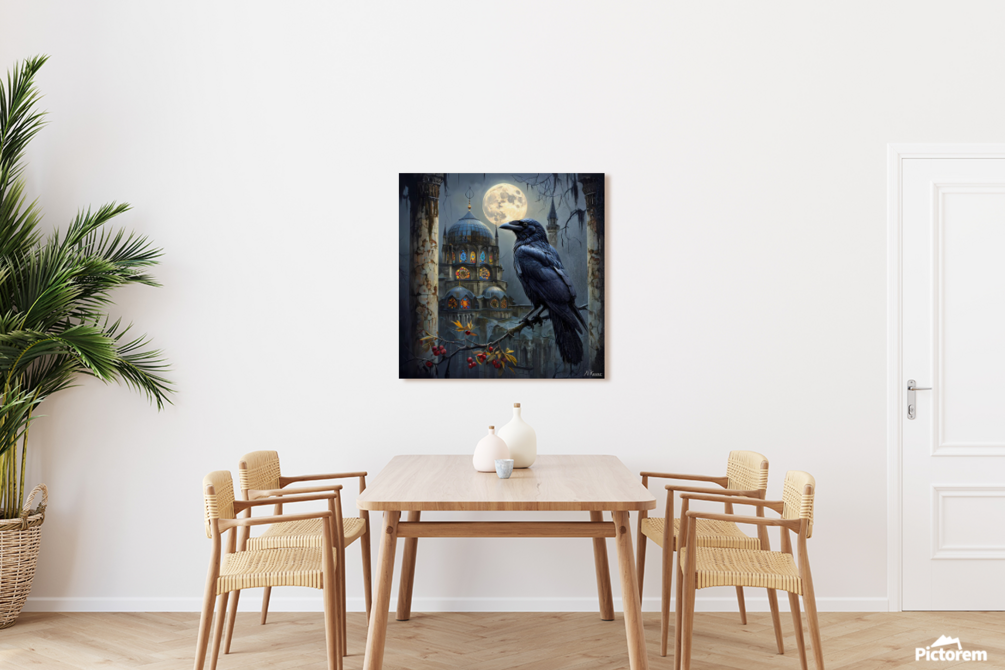 Gothic Scene Featuring Crow Perched on Branch with Mosque