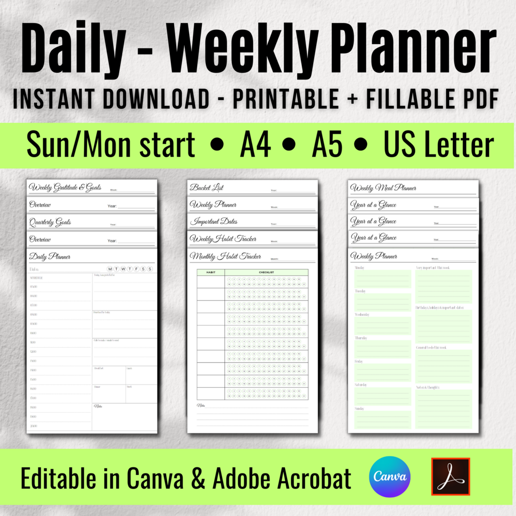Planner Bundle Undated download & print, fillable in Adobe, editable in ...