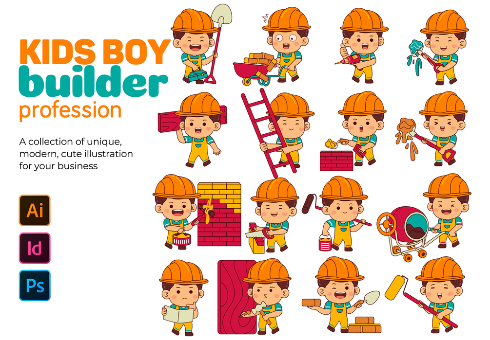 Cute Boy Builder Profession Vector Pack