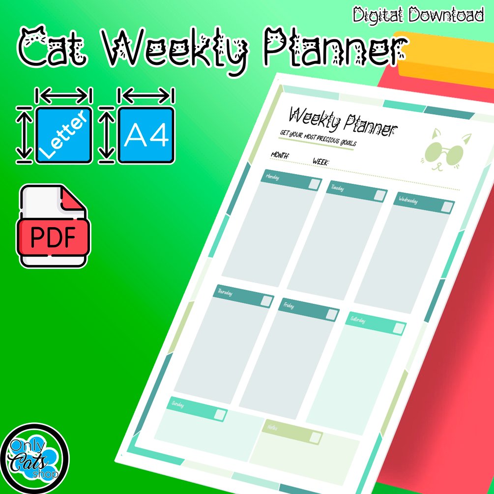 Simple Green Daily - Weekly Planner / Green Cat lover design | Gift for ...