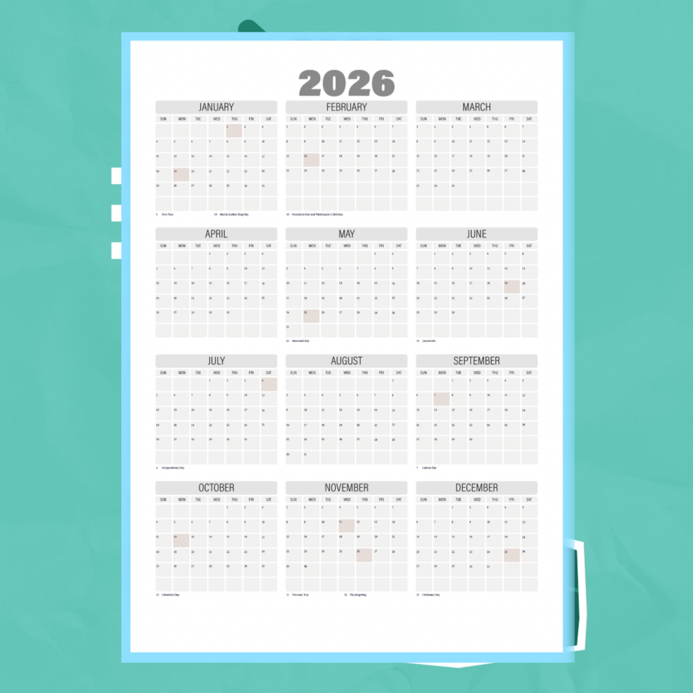 2026 Year-at-a-Glance Wall Calendar (Free Printable) | US Holidays | A1 ...