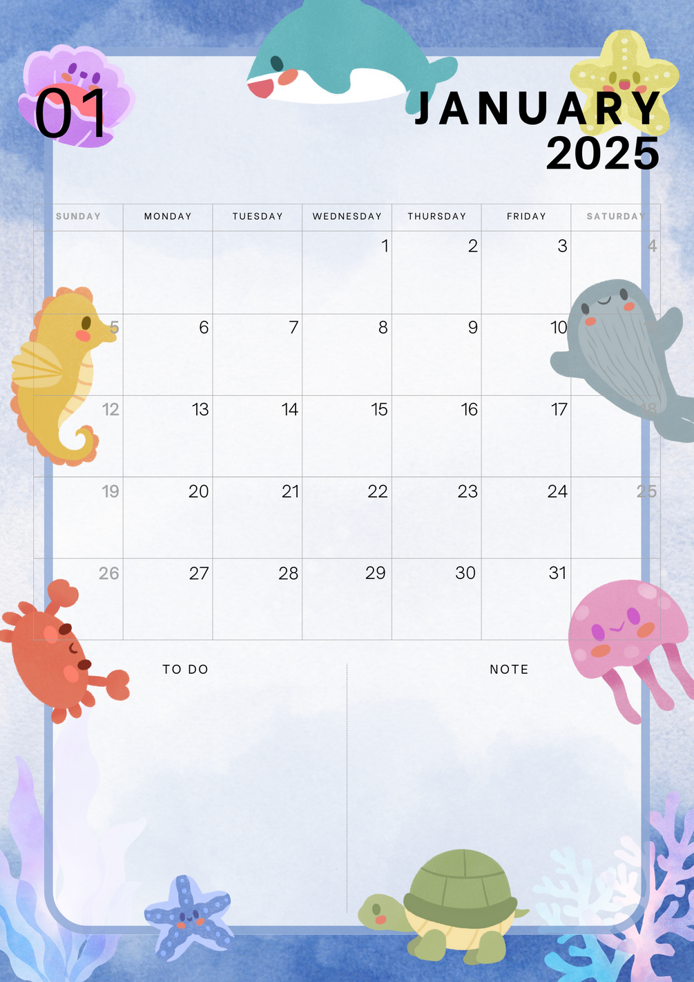 2025 Kids Watercolor Fish Calendar
