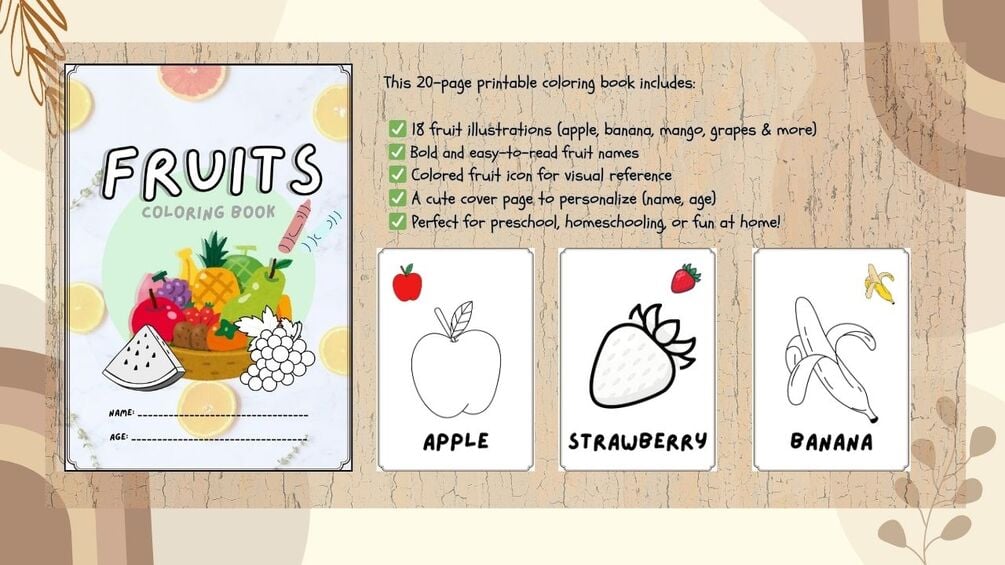 Fruits Coloring Book for Kids – 20 Printable Pages (PDF)