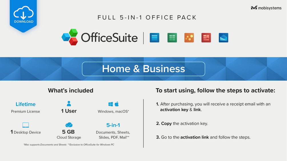 OfficeSuite Home & Business | 5 in 1 Office Pack | Documents, Sheets, Slides, PDF, Mail ...