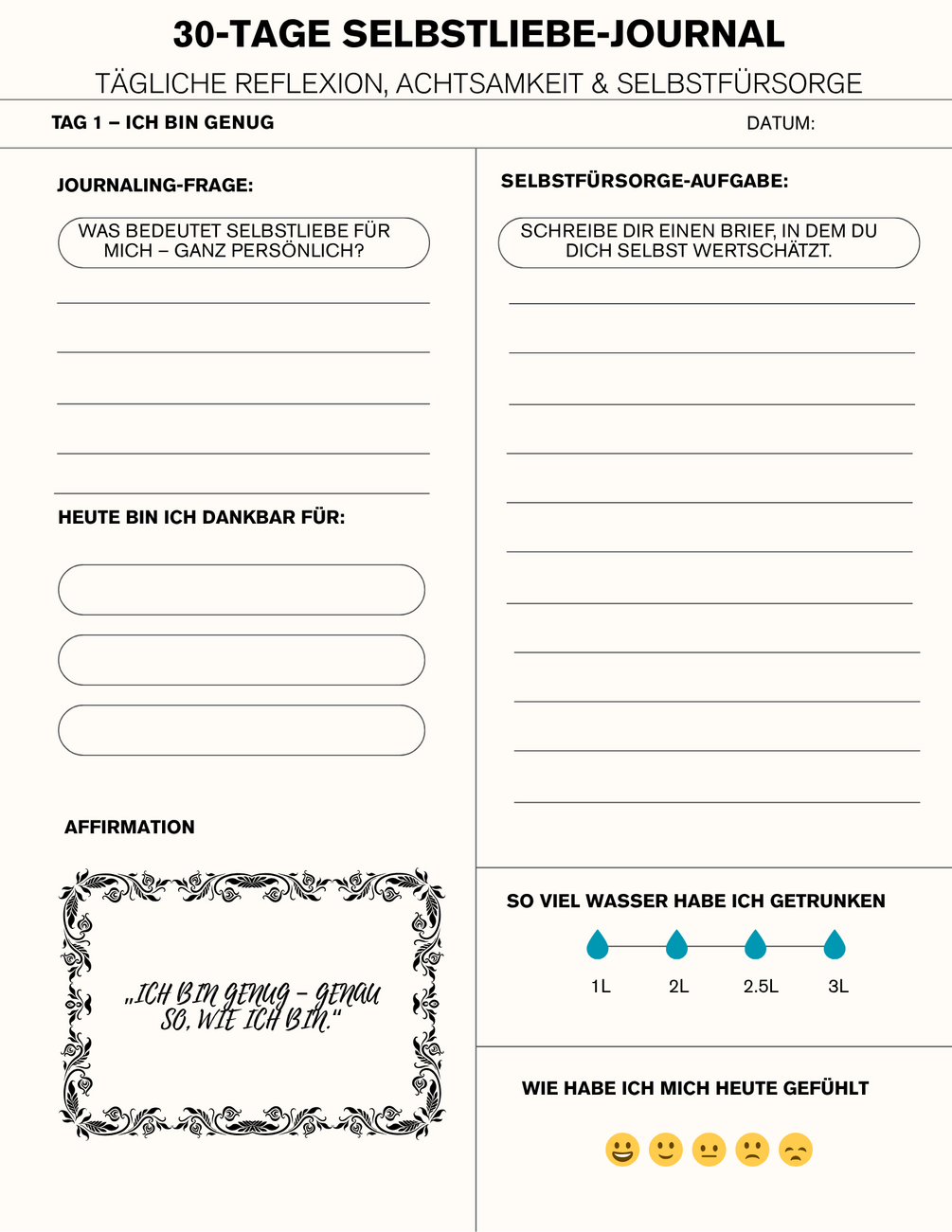 30-Tage Selbstliebe-Journal (PDF) – Achtsamkeit, Reflexion & Selbstfürsorge