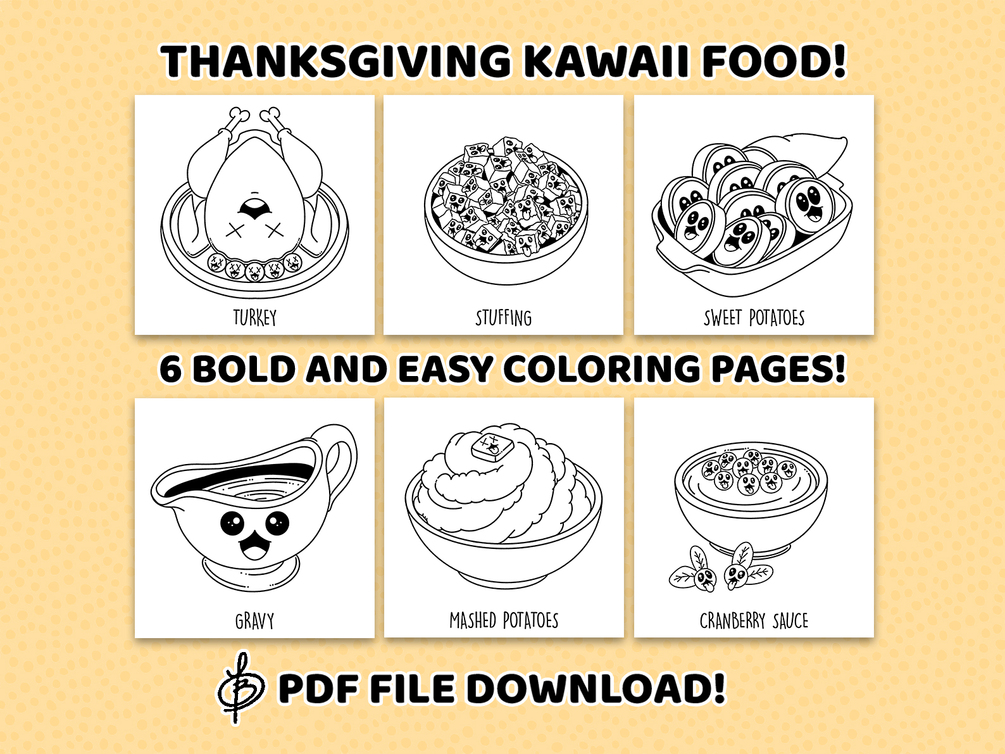 Thanksgiving Kawaii Food Coloring Pages - Bold & Easy! | Instant PDF ...