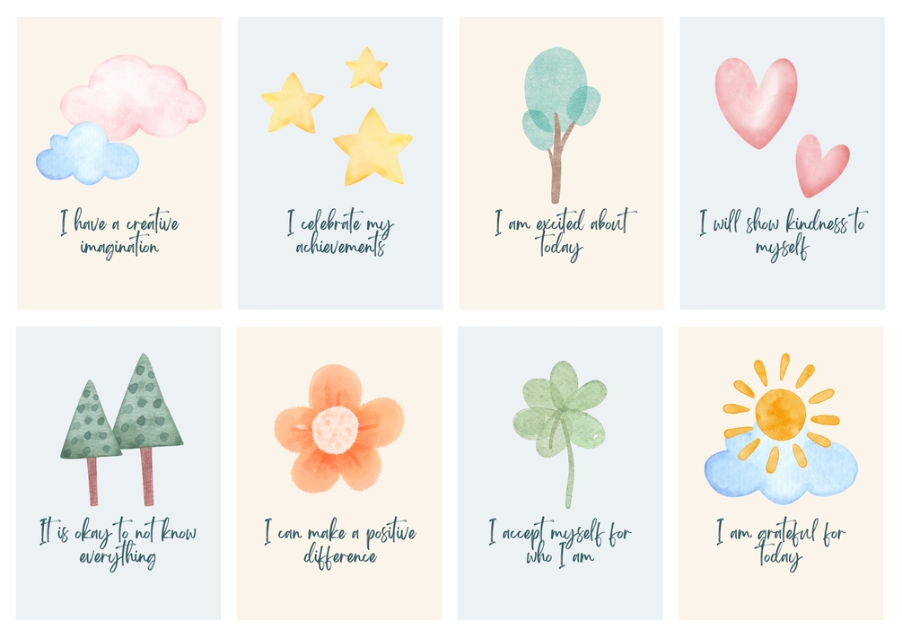 Self-Compassion Motivational Flashcards in Colorful Watercolor Style