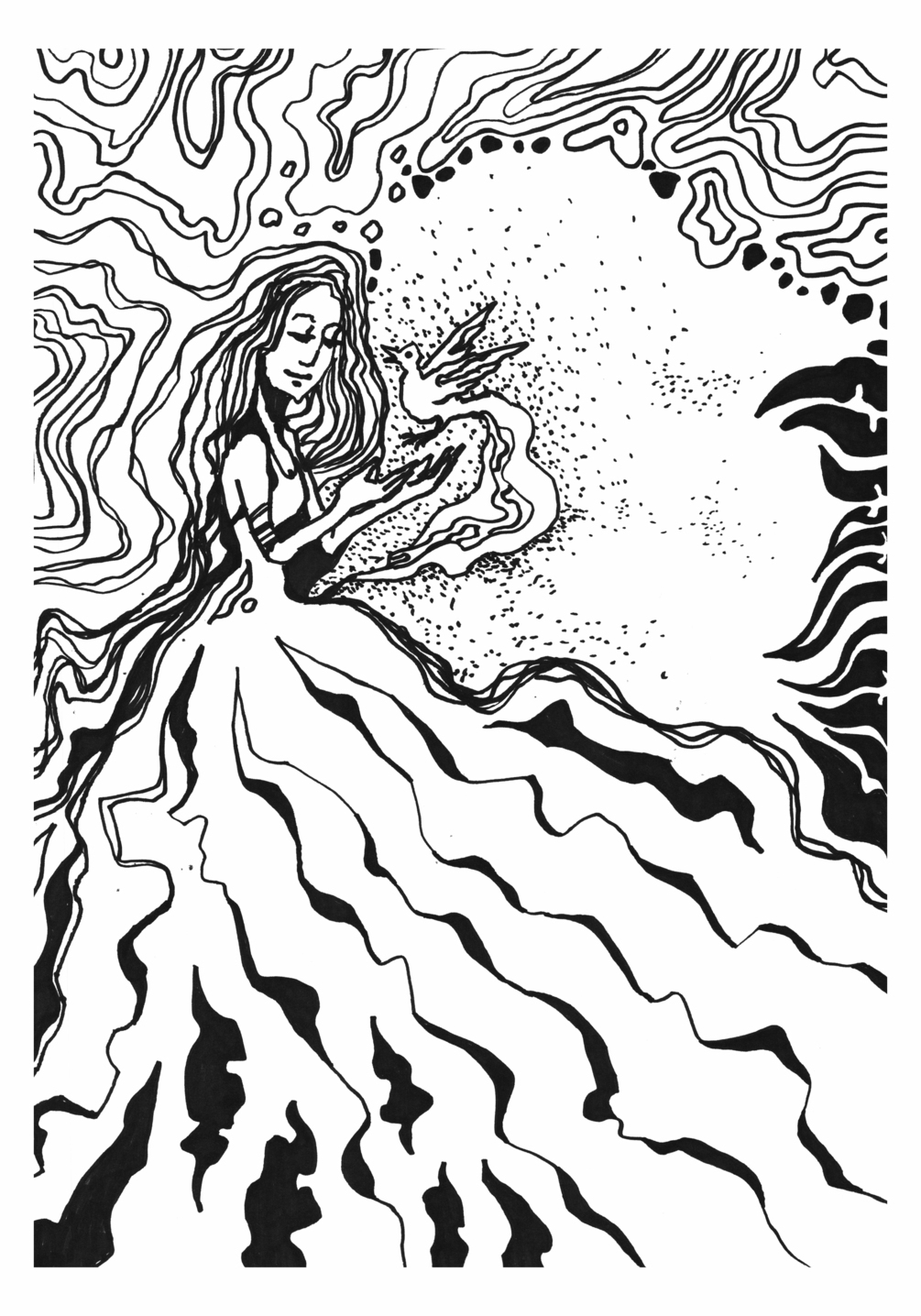 Coloring Page Fairy and Magic Bird