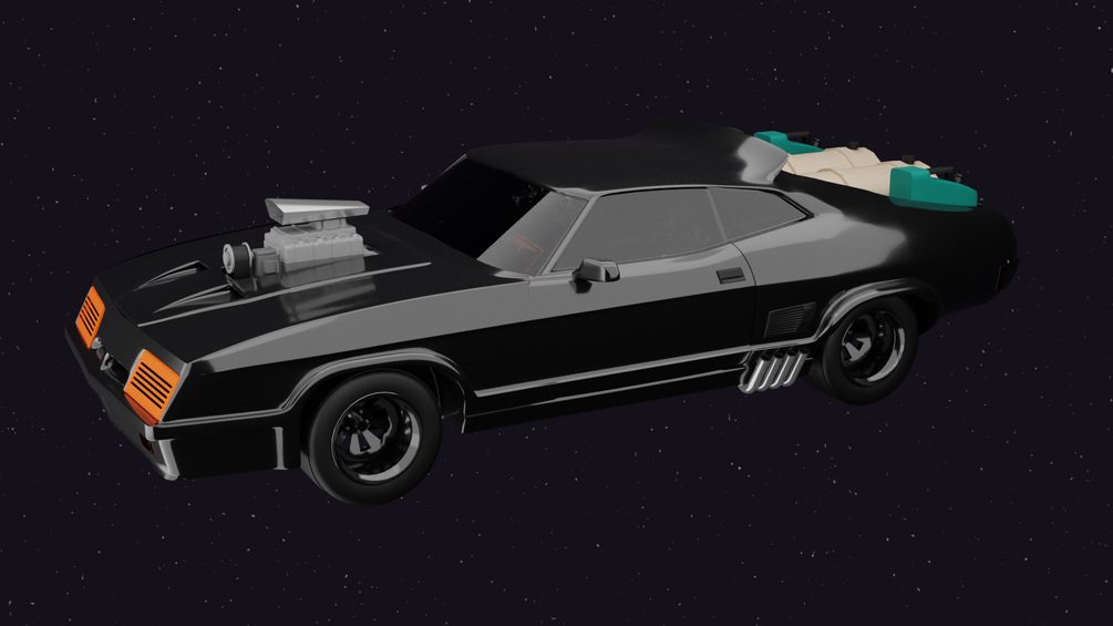 Conjunto de render y modelo 3D del Ford Falcon (Mad Max), diseño propio.