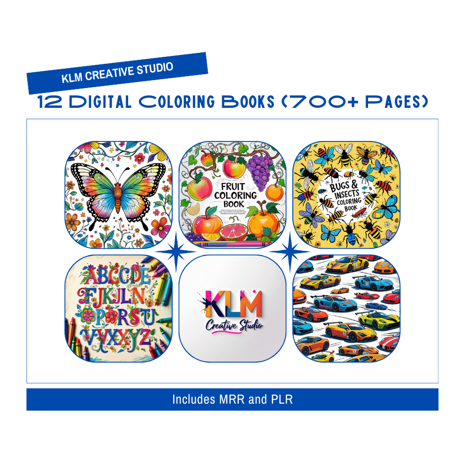 12 Digital Coloring Books (700+ Pages) | Includes MRR and PLR