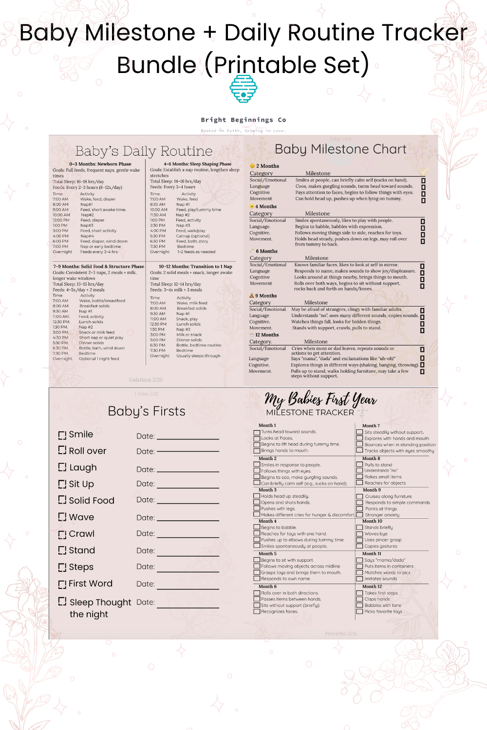 Baby Milestone + Daily Routine Tracker Bundle (Printable Set) - Blush ...