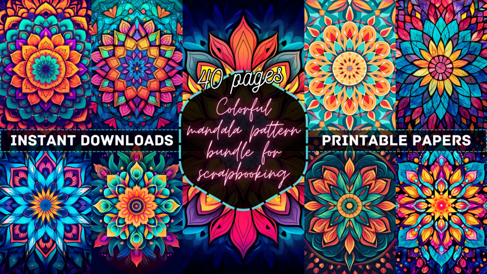 Printable paper bundle with colorful mandala designs for scrapbooking ...