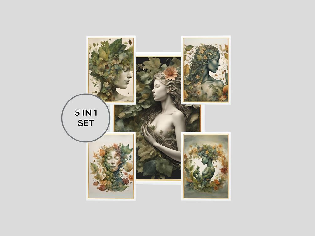 5-in-1 Autumn Muse Wall Art Set | Digital Bundle | Ethereal Women and Leaves Prints | Various ...