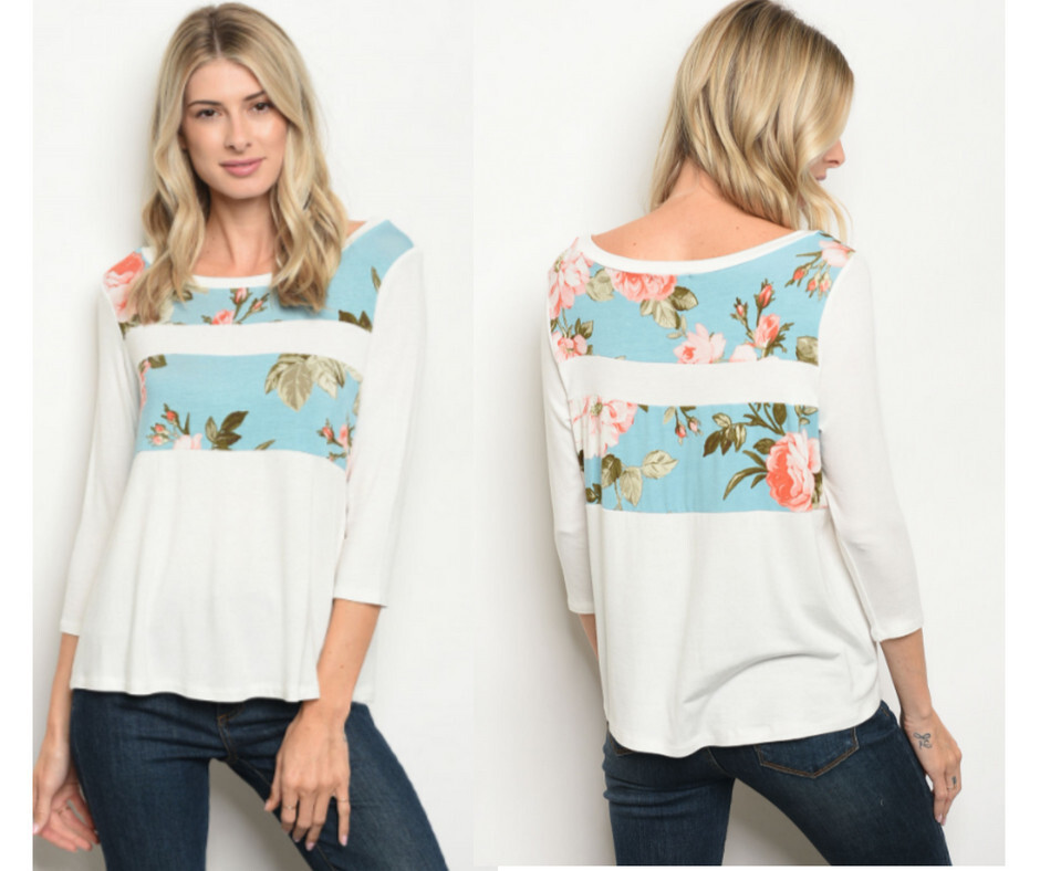 Blue Floral 3/4 sleeve Tee