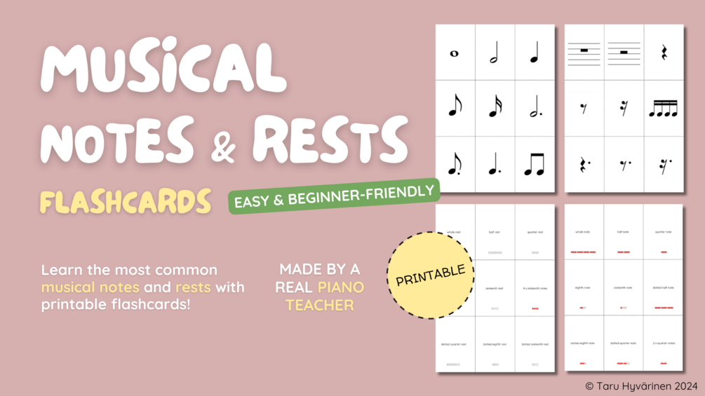 MUSICAL NOTES & RESTS Flashcards Printable Easy Beginner Music Lesson ...