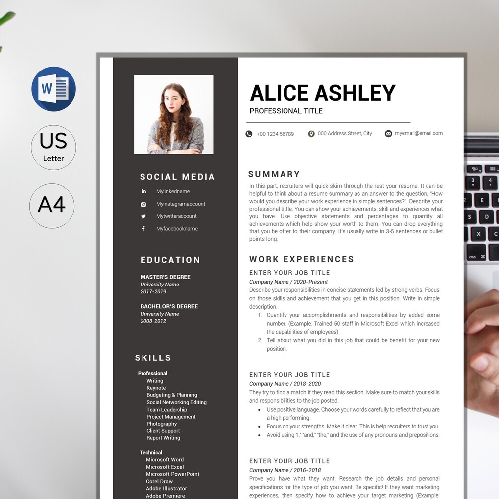 Dark resume template word, cv template