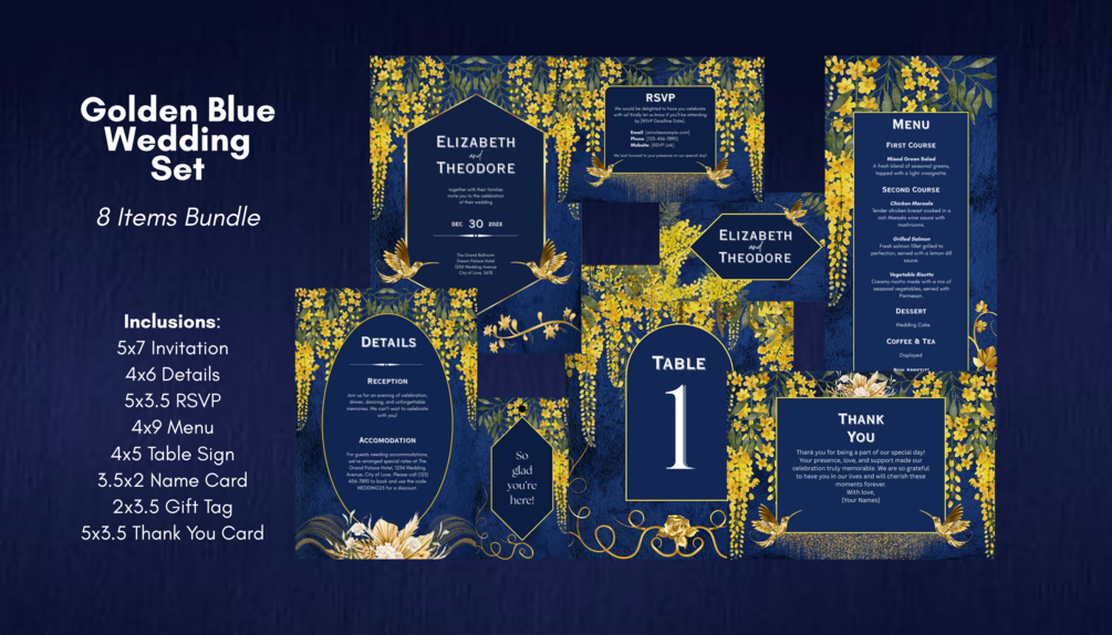 Golden Blue Wedding Invitation Set - Gold and Blue Floral Design ...