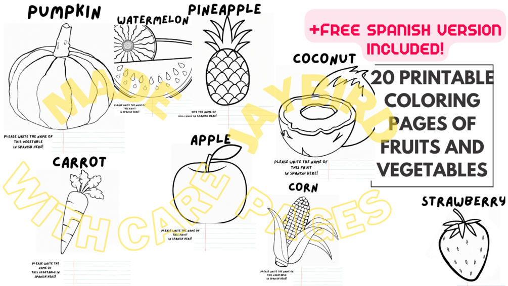 Color-Splash Fruit and Veggies Bilingual 20 Page Coloring Bundle ...