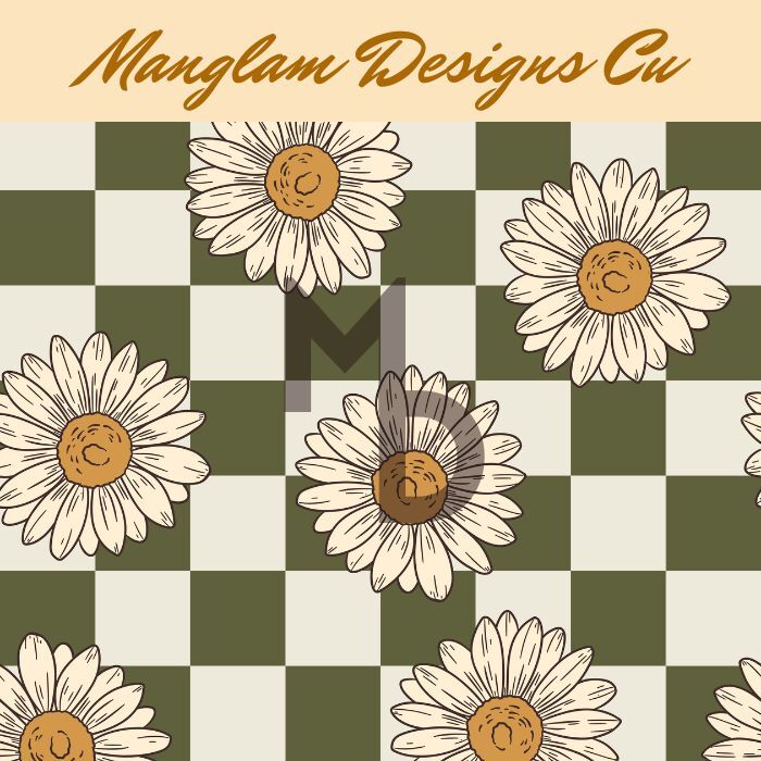 Retro floral daisies checkered seamless repeat pattern, vintage flower ...