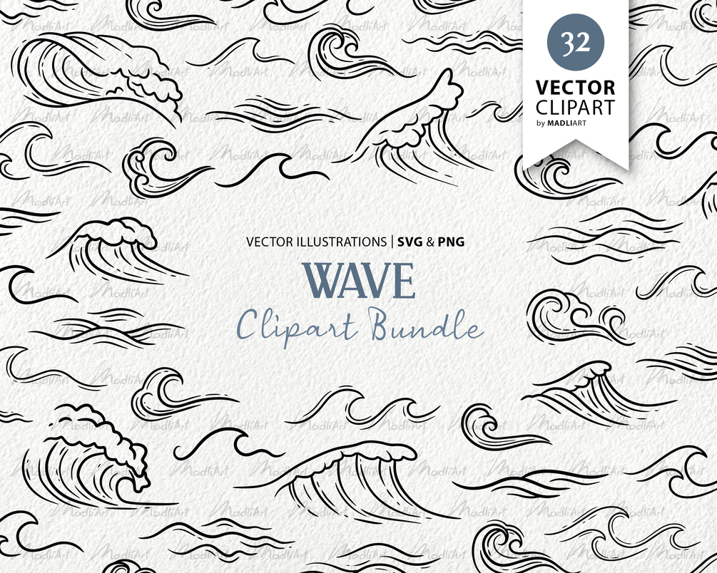 Wave SVG Clipart Bundle | Beach Vector Line Art Set | Ocean Wave Tattoo ...