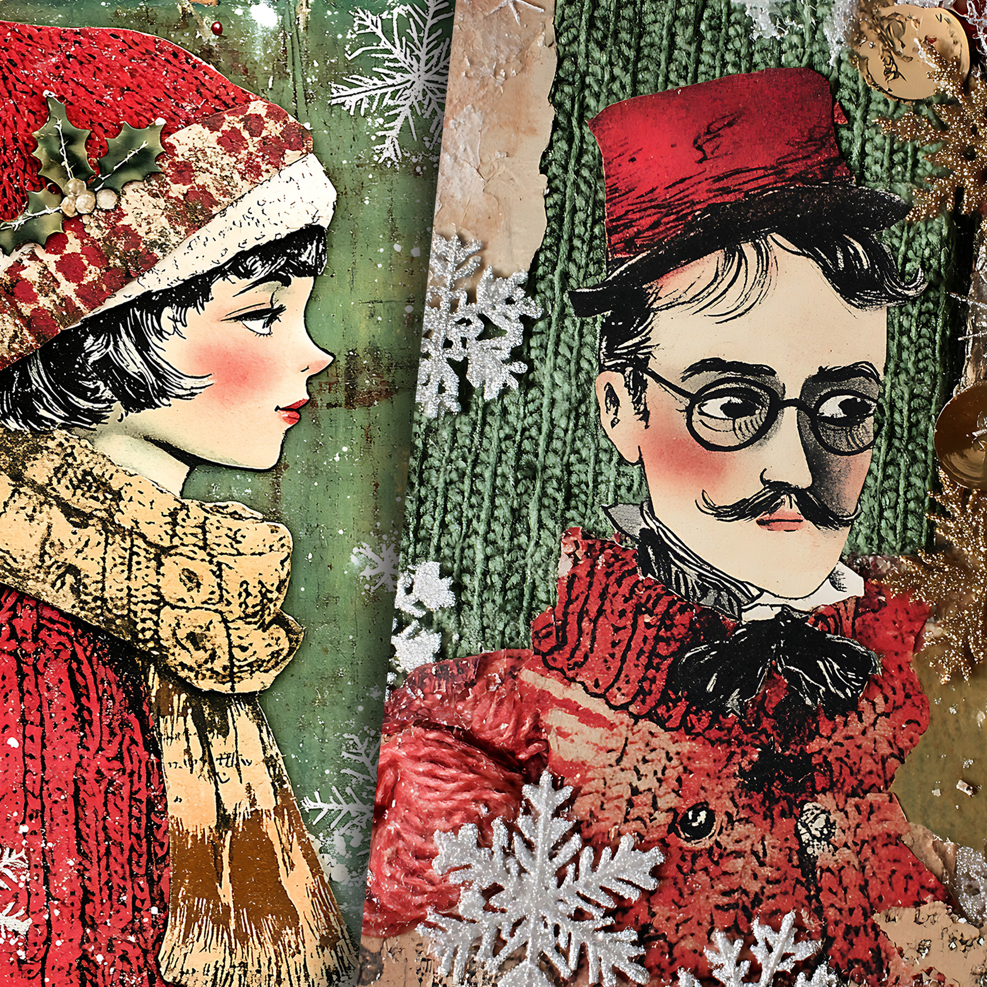 18 pc Christmas People Art Collage Printable Junk Journal Half Papers ...