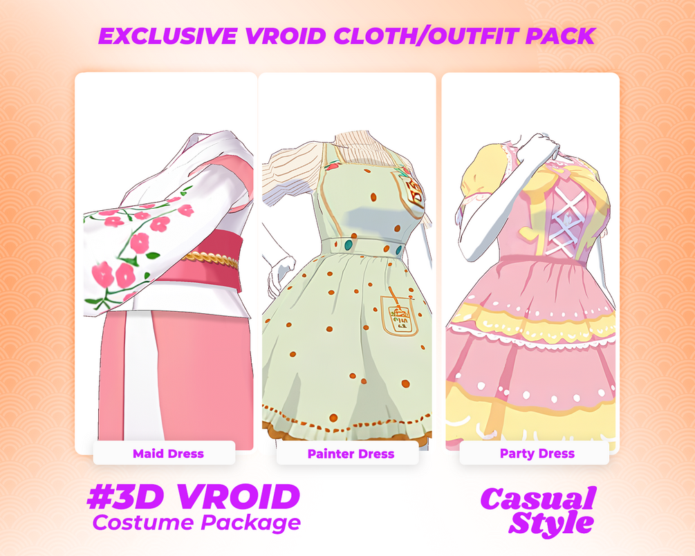 3D VRoid Clothing Pack | Floral Maid, Cute Painter & Party Dress ...