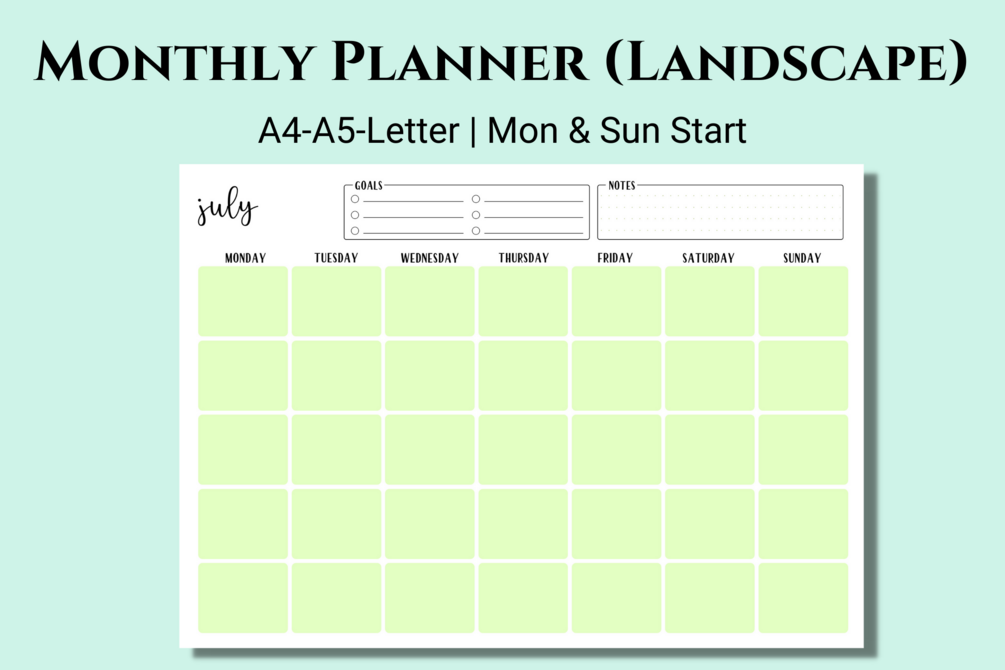 Undated Monthly Printable Planner (Landscape) | Green