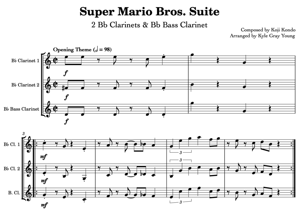 Super Mario Bros. Suite (2 Bb clarinets, 1 Bb bass clarinet, sheet music)