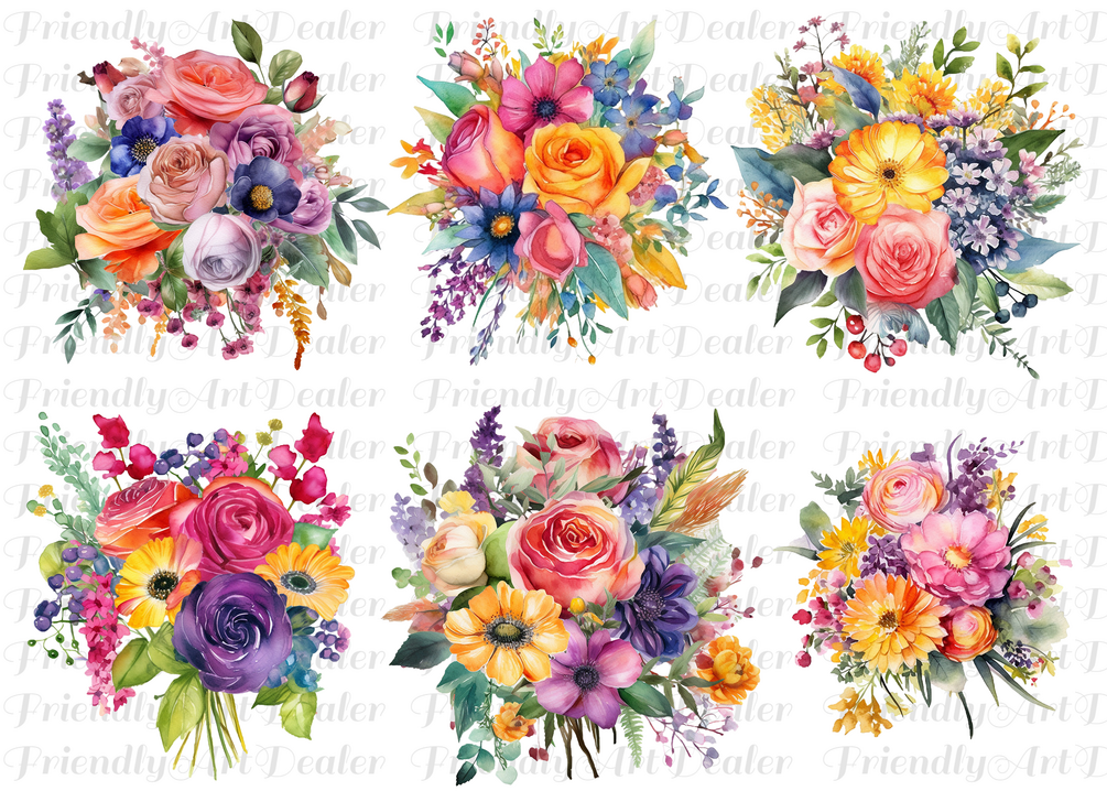Watercolor Flower Bouquets Clipart - 12 vibrant watercolor flower PNG ...