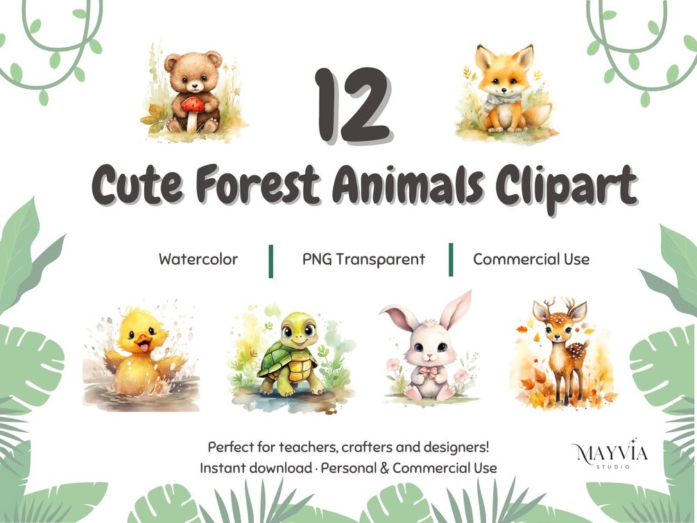 12 Cute Forest Animals Clipart – PNG Bundle