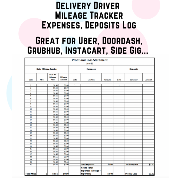 2021 Printable PDF & Microsoft Excel, Delivery Driver Log, Side Gig ...