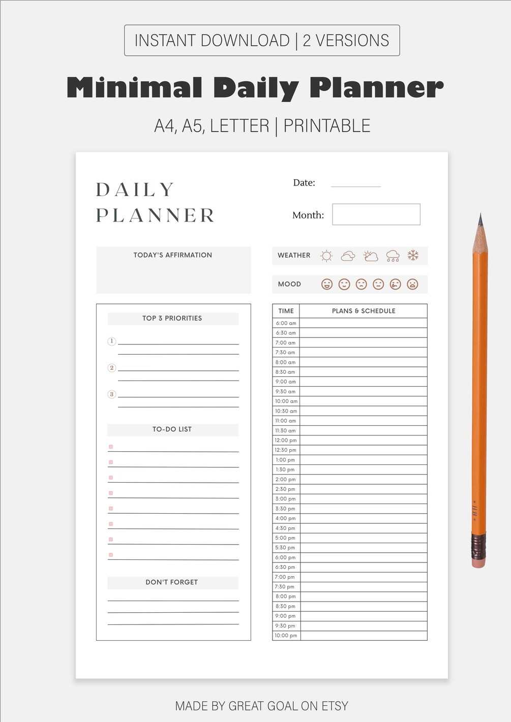 Daily Minimal Planner | Printable | Digital