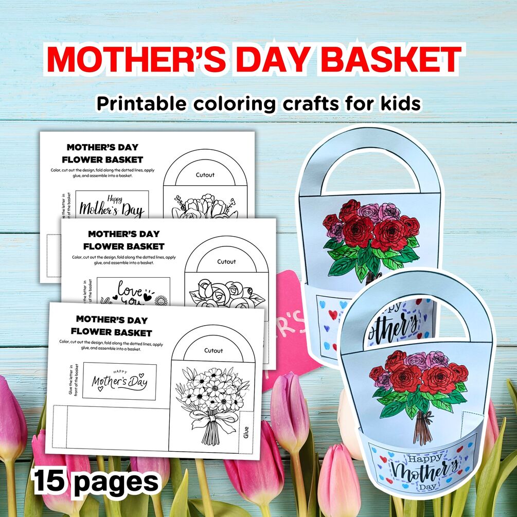 Mother’s Day Flower Basket Coloring Craft for Kids, Mother's Day DIY ...
