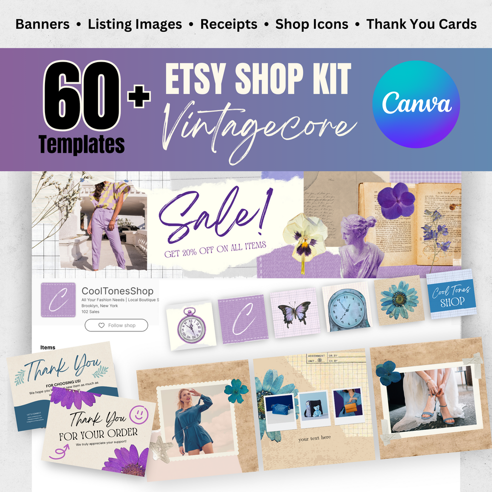 Vintagecore Etsy Shop Branding Kit | Blue/Purple Violet Canva Templates ...