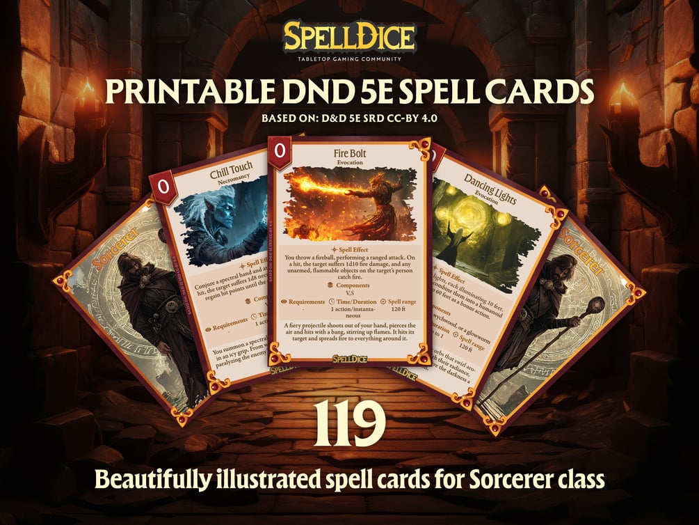 Beautifully illustrated digital Sorcerer class unique 119 spell cards ...
