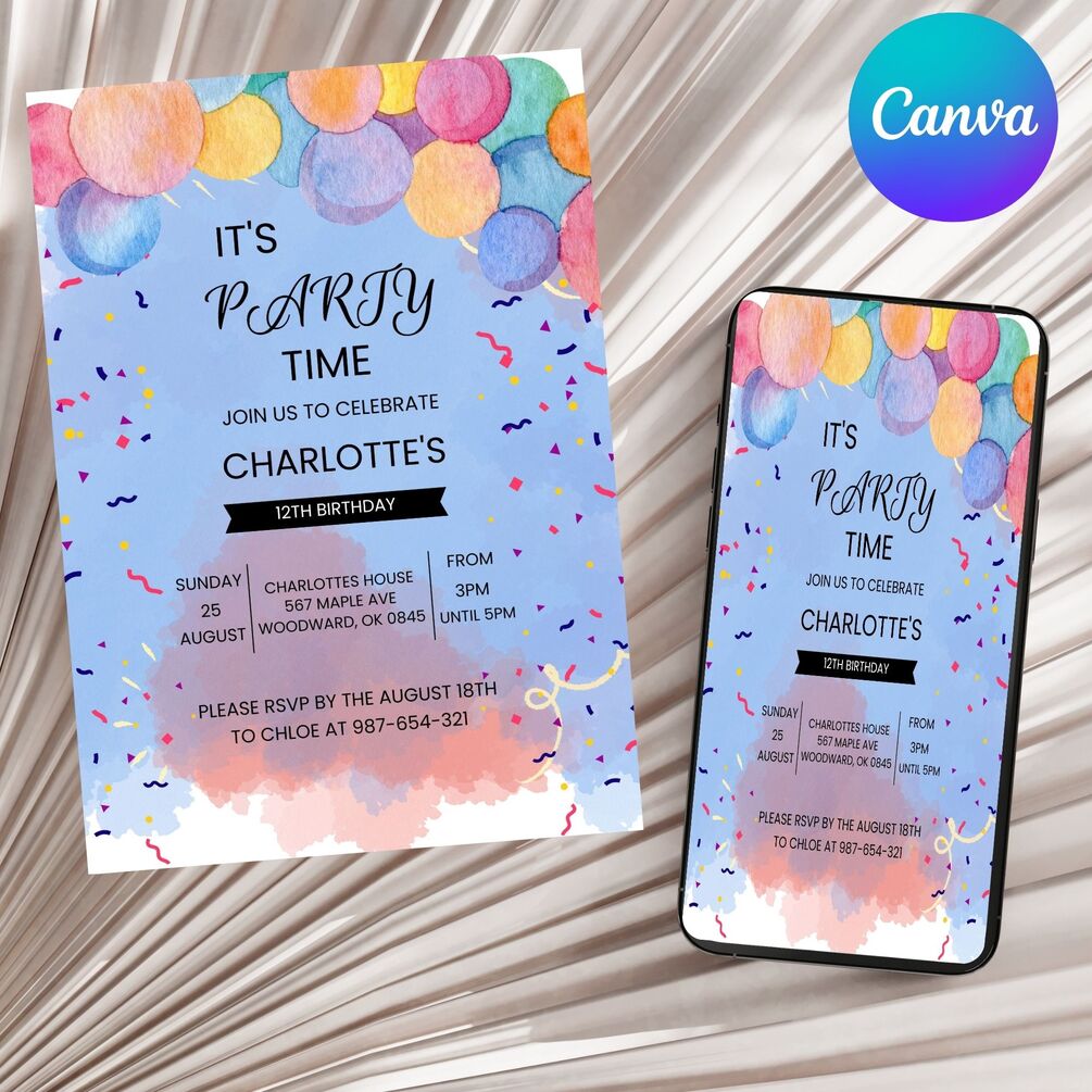 Colorful Canva Birthday Invitation Template – 'It's Party Time!' with ...