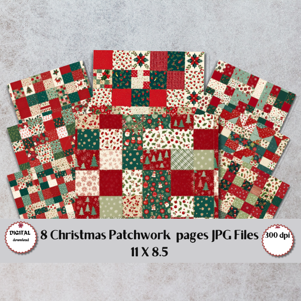 Christmas Patchwork Digital Junk Journal Paper Pack - 8 Festive Designs ...