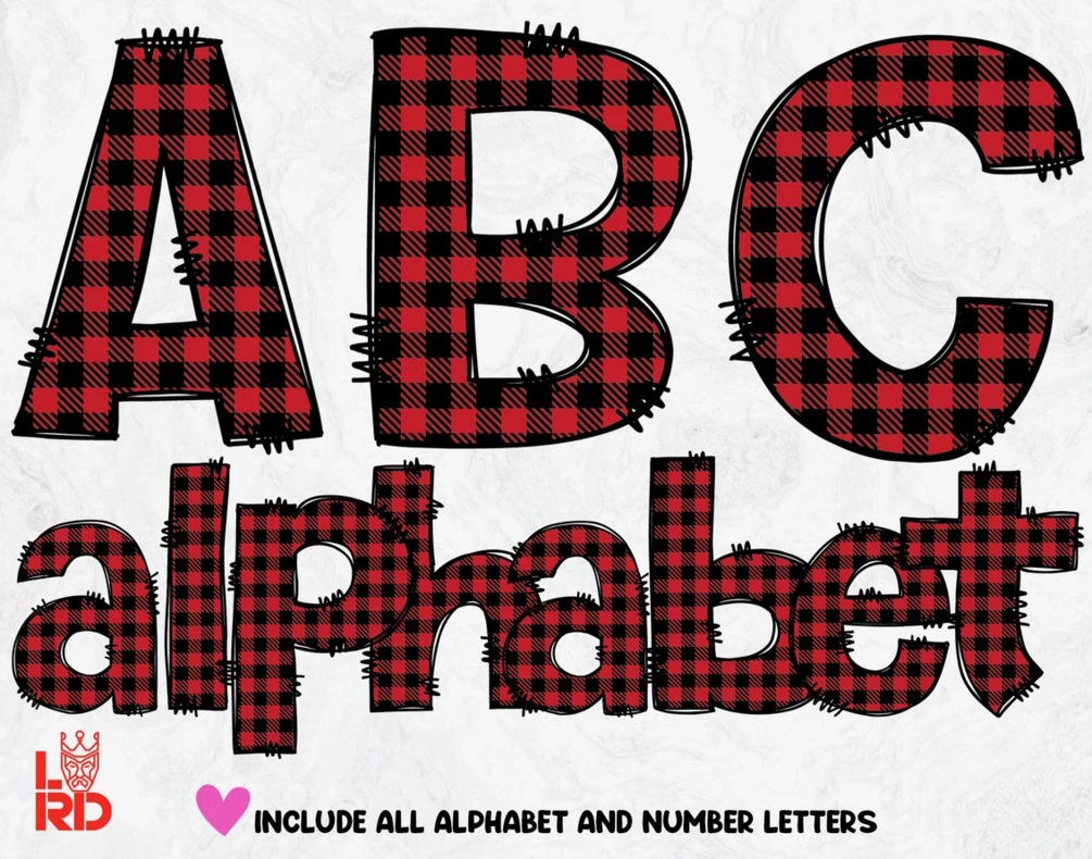 Red Buffalo Plaid Doodle Letters Alphabet, Christmas Plaid Doodle Font ...