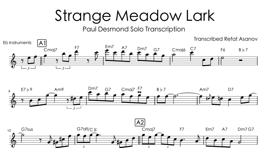 Paul Desmond - "Strange Meadow Lark" Alto Saxophone Solo Transcription