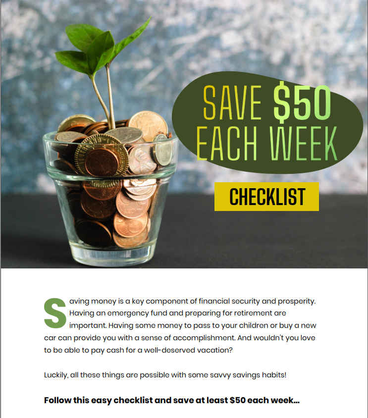 Save 50 Dollars Each Week Checklist + Bonus Bill Tracker
