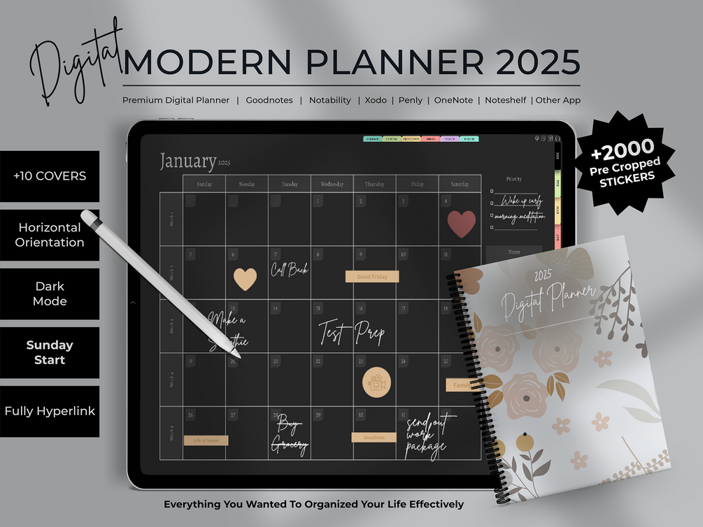 Digital Planner 2025 - Dark Mode Horizontal (Sunday)
