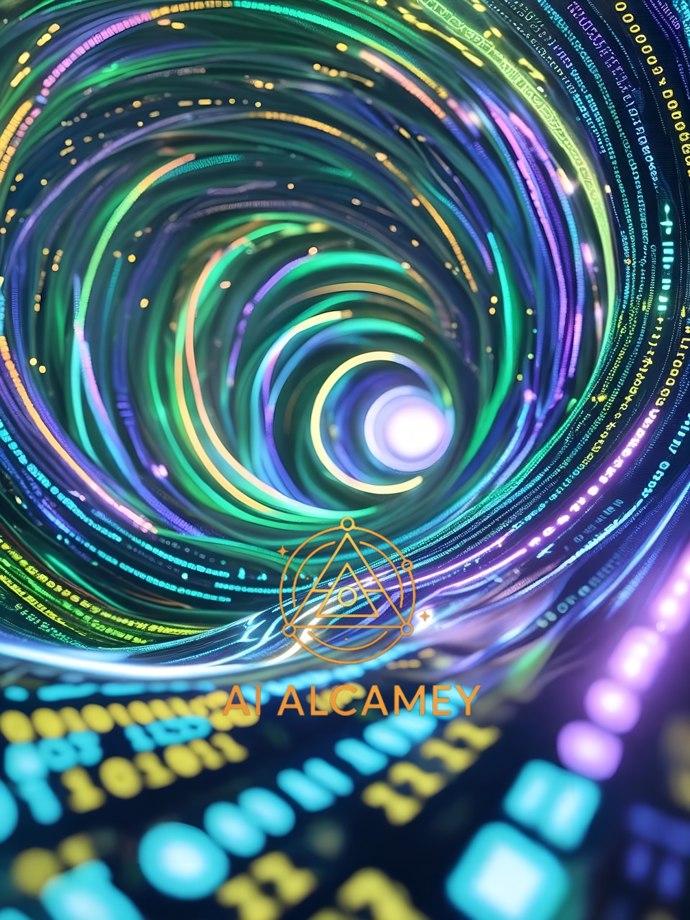 Futuristic Binary Vortex – Glowing Digital Data Flow Background (8K)